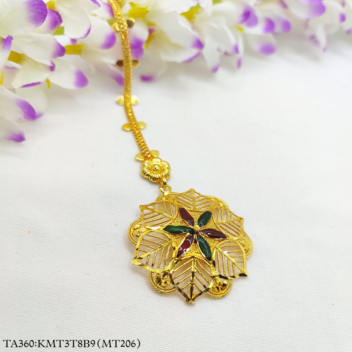 Gold Plated Chilekata Leaf Design Meenakari Worked Tikli - Maangtikka ...